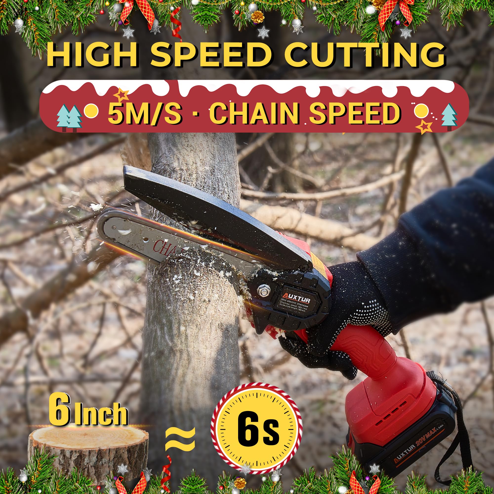 AUXTUR Mini Chainsaw 6 Inch Cordless Mini Electric Chainsaw,20V Ego Battery Operated Handheld Chain Saw,Top Hand Battery Motor Powered Chainsaws for Tree Trimming,Courtyard