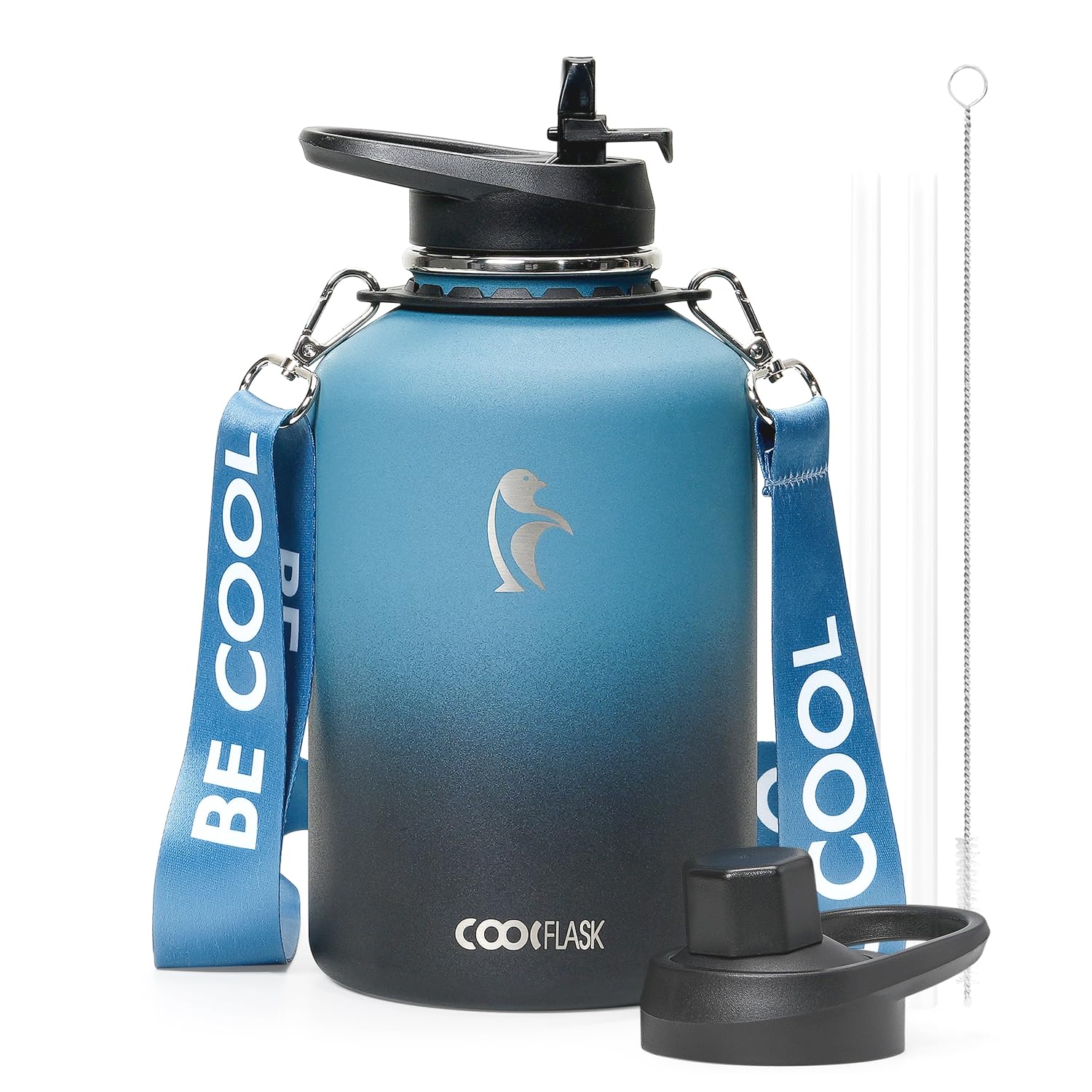 Coolflask 64 oz Water Bottle Insulated with Strap, Half Gallon Water Jug Stainless Steel with Straw & Spout Lids, Metal Large Water Flask, Keep Cold 48h Hot 24h, Leak Proof & Non-BPA, Prussian Blue