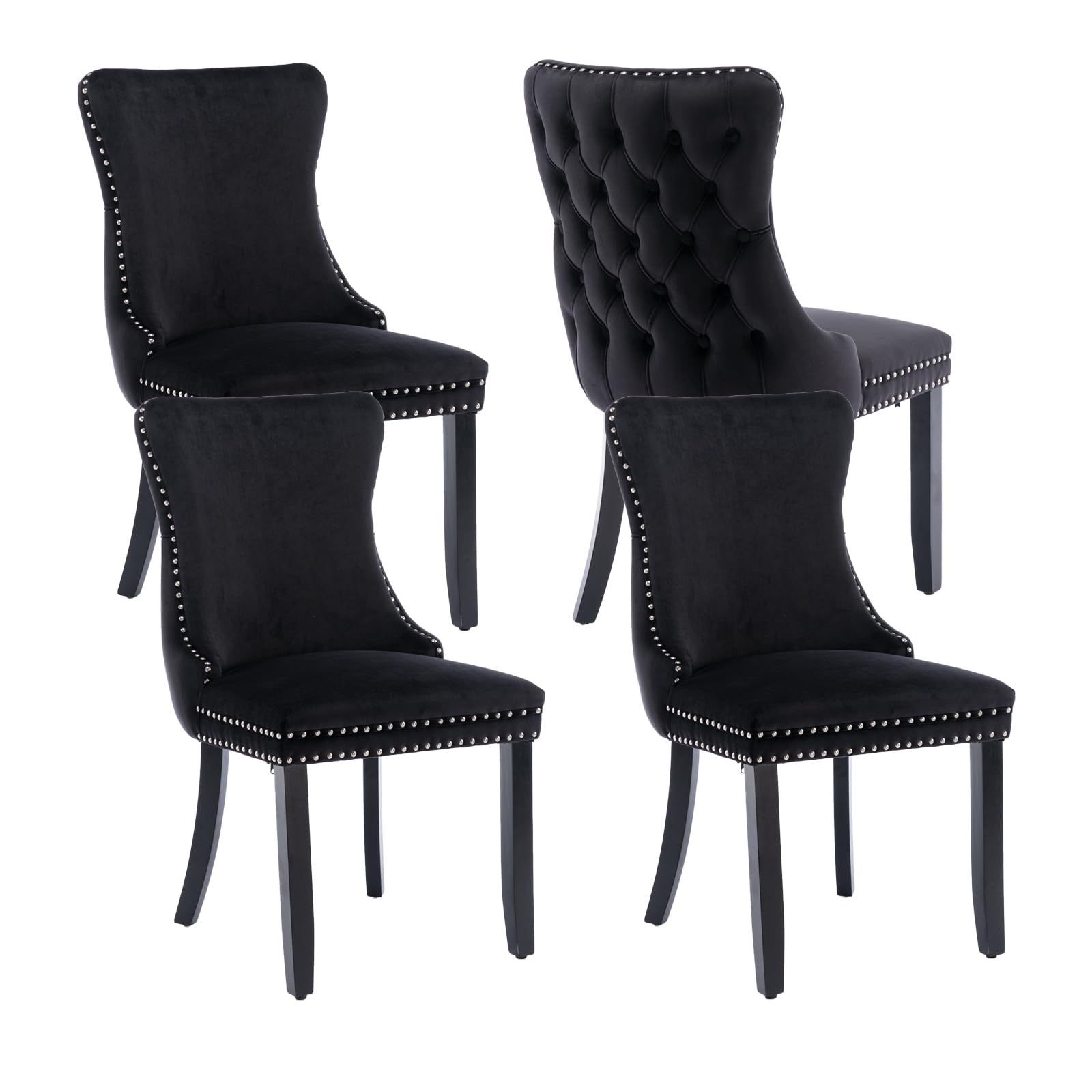 Black Velvet Dining Chairs Set of 4, Tufted Wingback Upholstered Dining Room Chairs with Solid Wood Legs, Mid Century Modern Dining Chair for Dining Room,Living Room,Kitchen(Black)