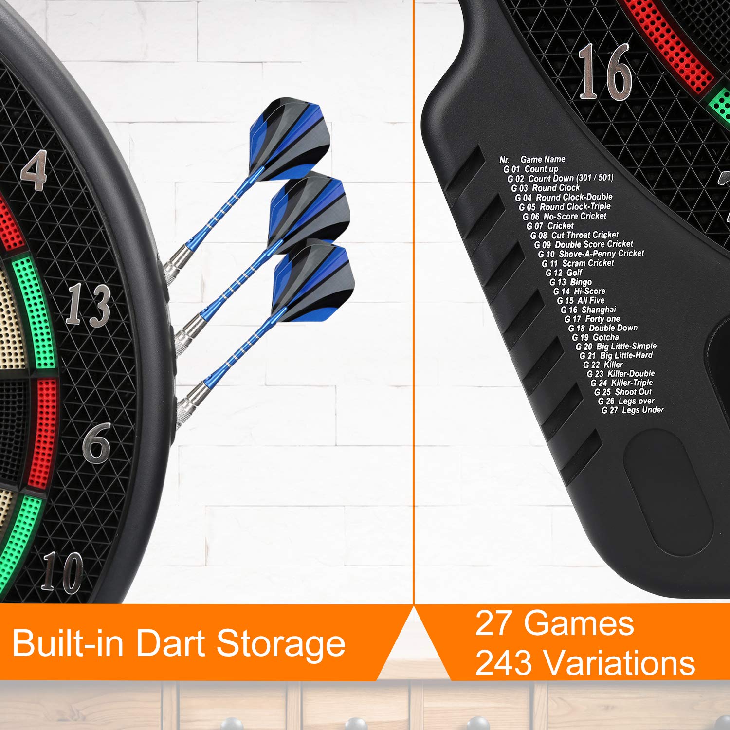 Biange Electronic Dart Board, Digital Soft Tip Dart Boards, Dartboard Set 13.5” Target Area, 27 Games and 243 Variants with 12PCS 18g Darts, 4 LED Displays, 100 Tips, Flights, Support 16 Players