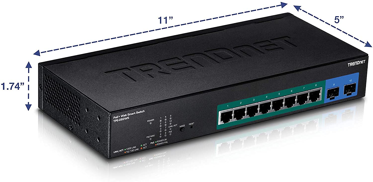 TRENDnet 10-Port Gigabit Web Smart PoE+ Switch, 8 x Gigabit PoE+ Ports, 2 x SFP Slots, Vlan, QoS, IPv6 Support, 20Gbps Switching Capacity, 75W PoE Power Budget, Lifetime Protection, Black, TPE-082WS