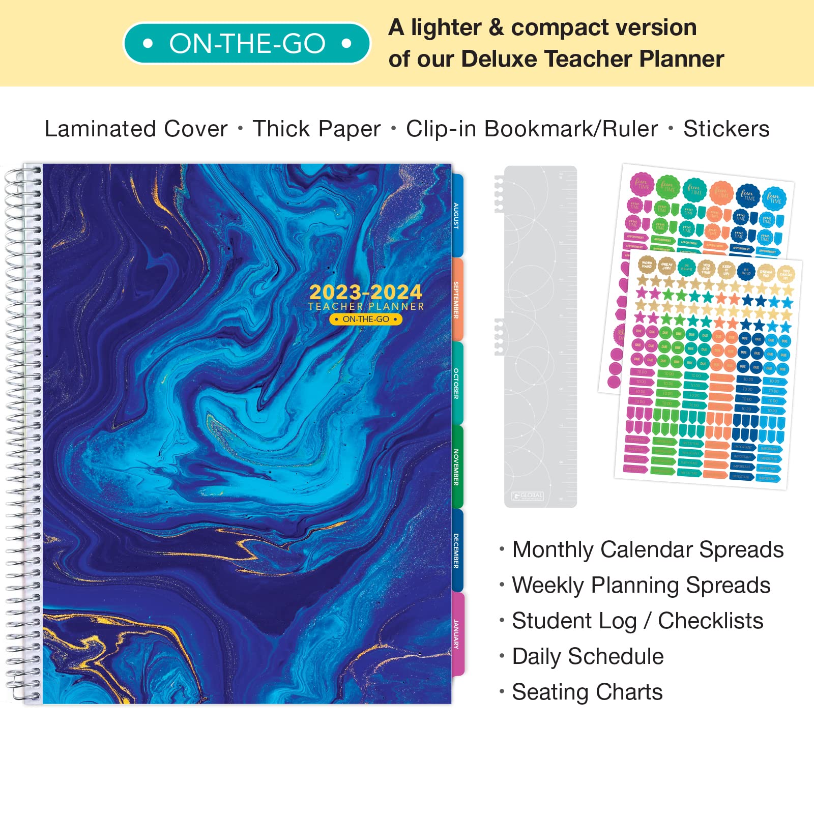 Aug 2023-Jul 2024 Lite Teacher Lesson Planner Notebook 8.5x11 Daily Weekly Monthly Organizers - Includes 7 Periods, Dated Calendar, Page Tabs, Bookmark, and Planning Stickers