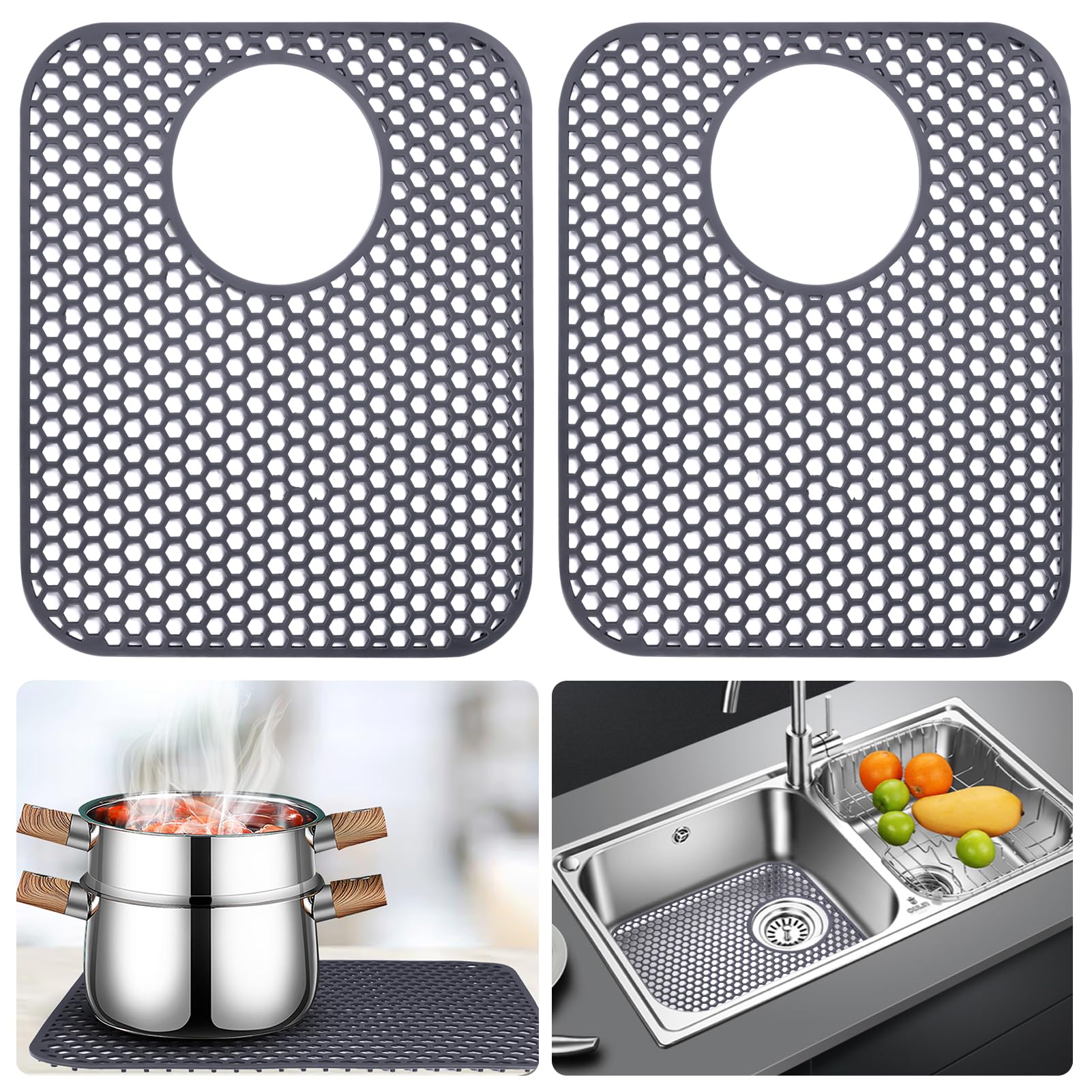 Silicone Kitchen Sink Mats 2Pcs, Large Sink Protectors for Kitchen Sink, 13.58*11.6" Dish drying mat for Bottom of Stainless Steel Sink, Rear Drain Non-Slip Heat Resistant Sink Protector Mat(Gray) (2)