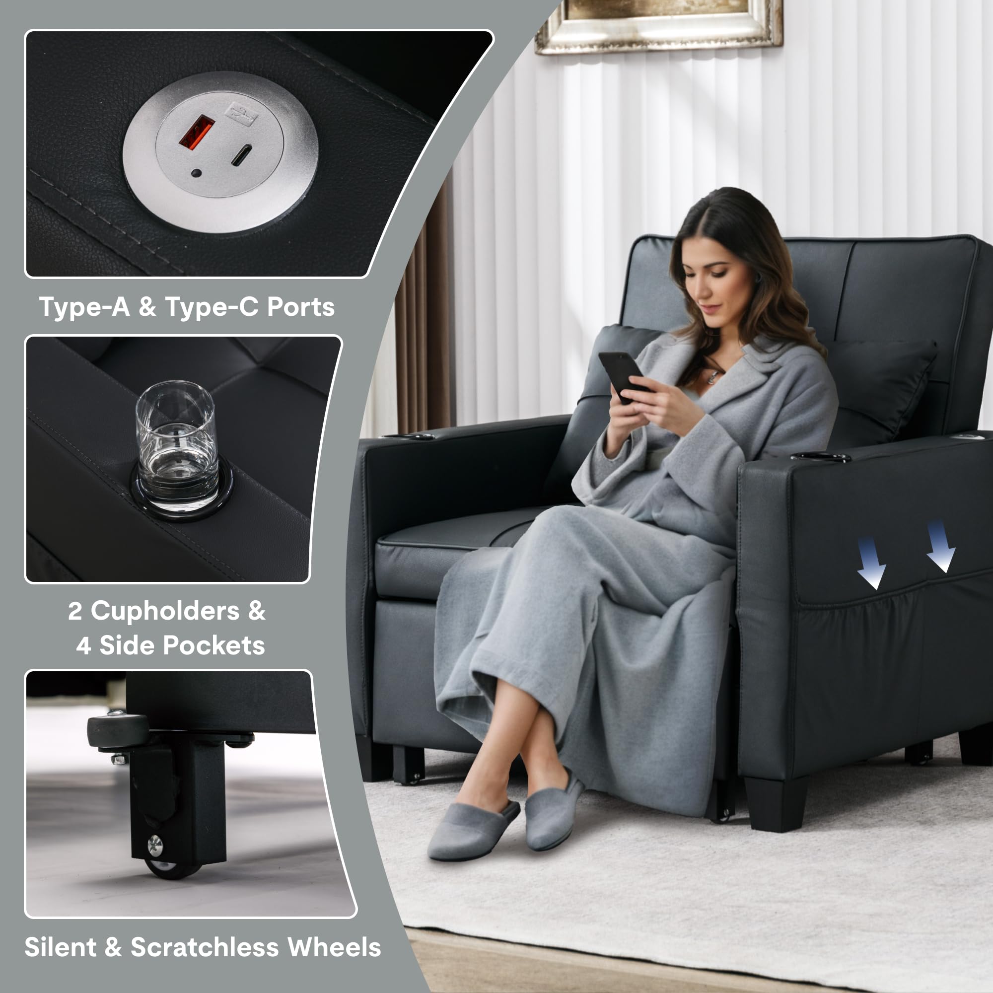 FLEXISPOT XCT2 Sleeper Chair Bed, Sofa Bed Chair 3 in 1 w/USB Port, Pillow, Cup Holders, Convertible Pull Out Bed W/Adjustable Backrest for Living Room Apartment Small Space, Black