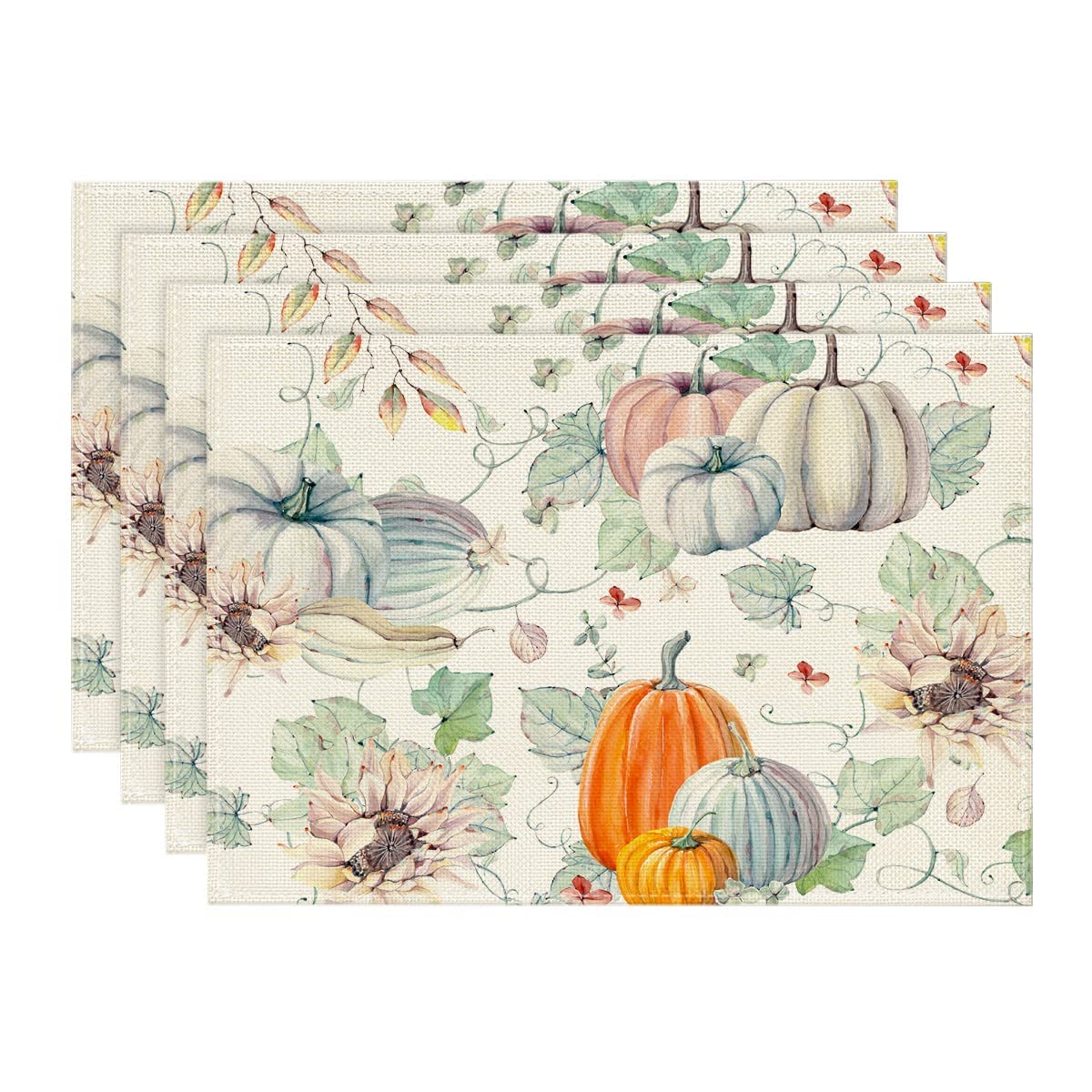 Artoid Mode Pumpkins Leaves Floral Fall Placemats Set of 4, 12x18 Inch Seasonal Autumn Thanksgiving Table Mats for Party Kitchen Dining Decoration