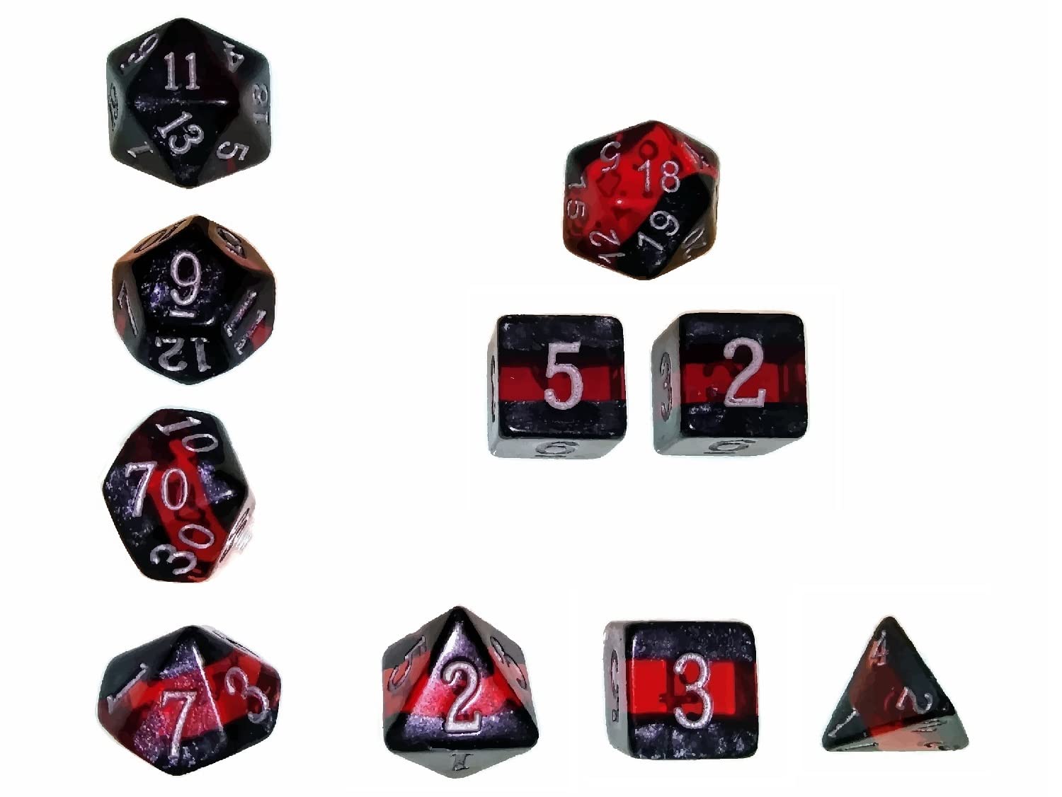 Marbled Black with a Ruby Red Translucent Vein Set of 10 Dice for Role-Playing Games (Includes a d20 Initiative Advantage Die and Two Special d6 Max Damage Dice) RPG