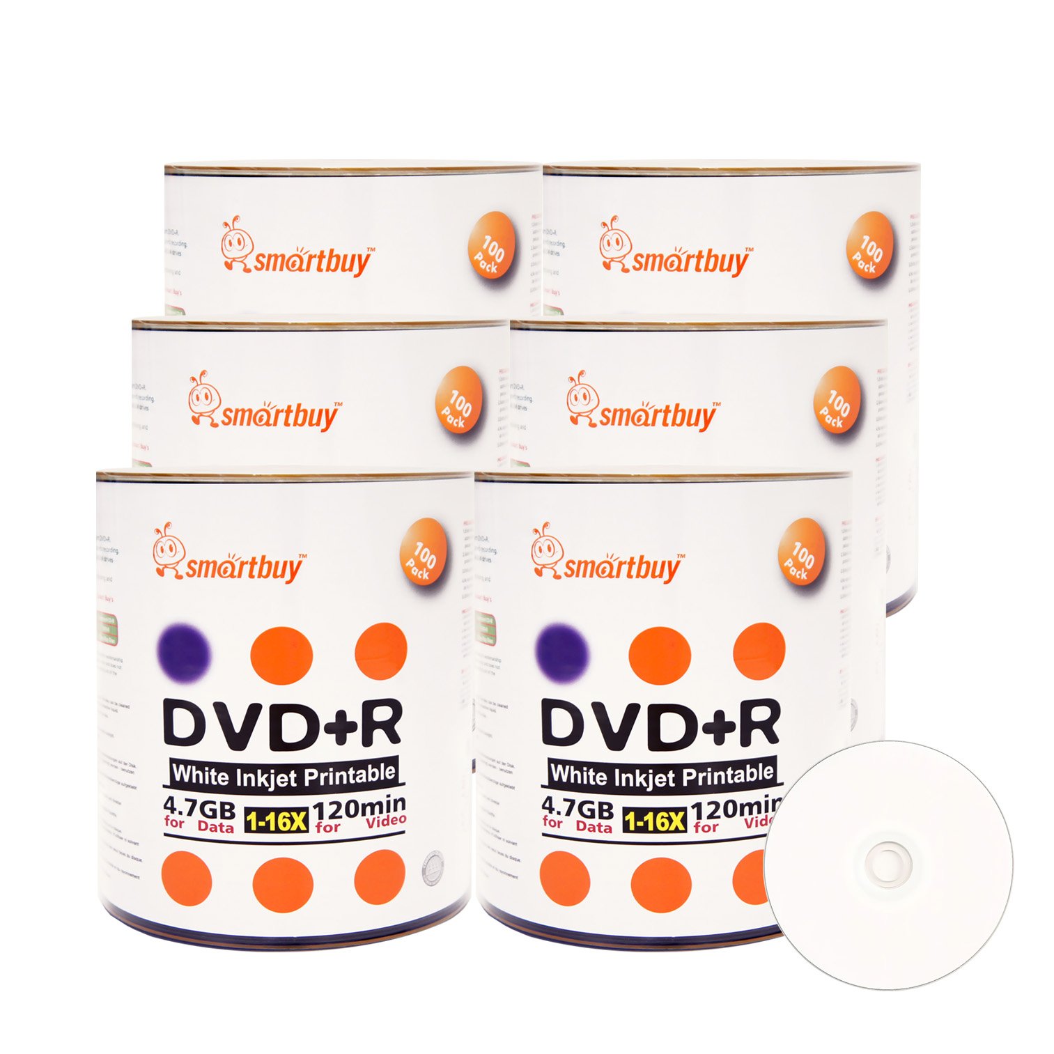 Smart Buy 600 Pack DVD+R 4.7gb 16x White Printable Inkjet Blank Media Record Disc, 600 Disc 600pk