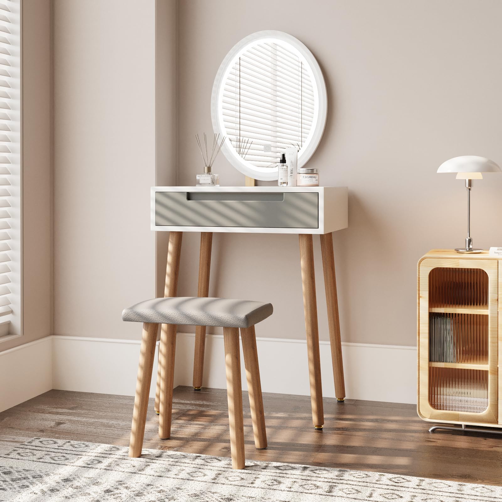 ARTETHYS Makeup Vanity Table Set with 3 Adjustable Lighted Mirror Small Vanity Desk with Drawer and Lights White Makeup Vanity Desk with Chair for Small Space Bedroom
