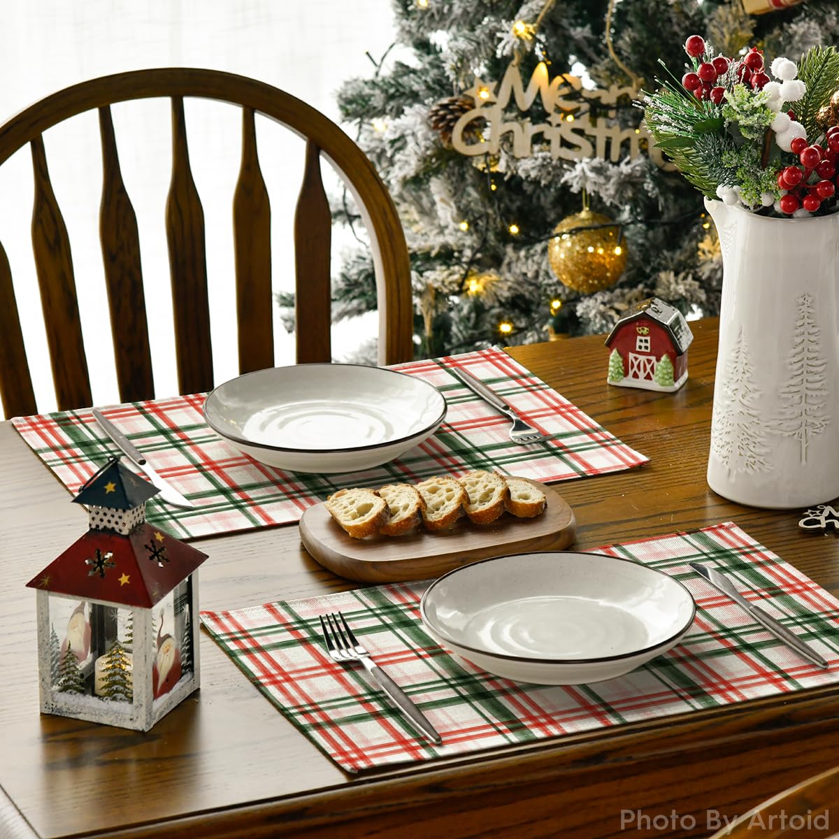 Artoid Mode Red Green Buffalo Plaid Christmas Placemats Set of 6, 12x18 Inch Seasonal Winter Table Mats for Party Kitchen Dining Decoration