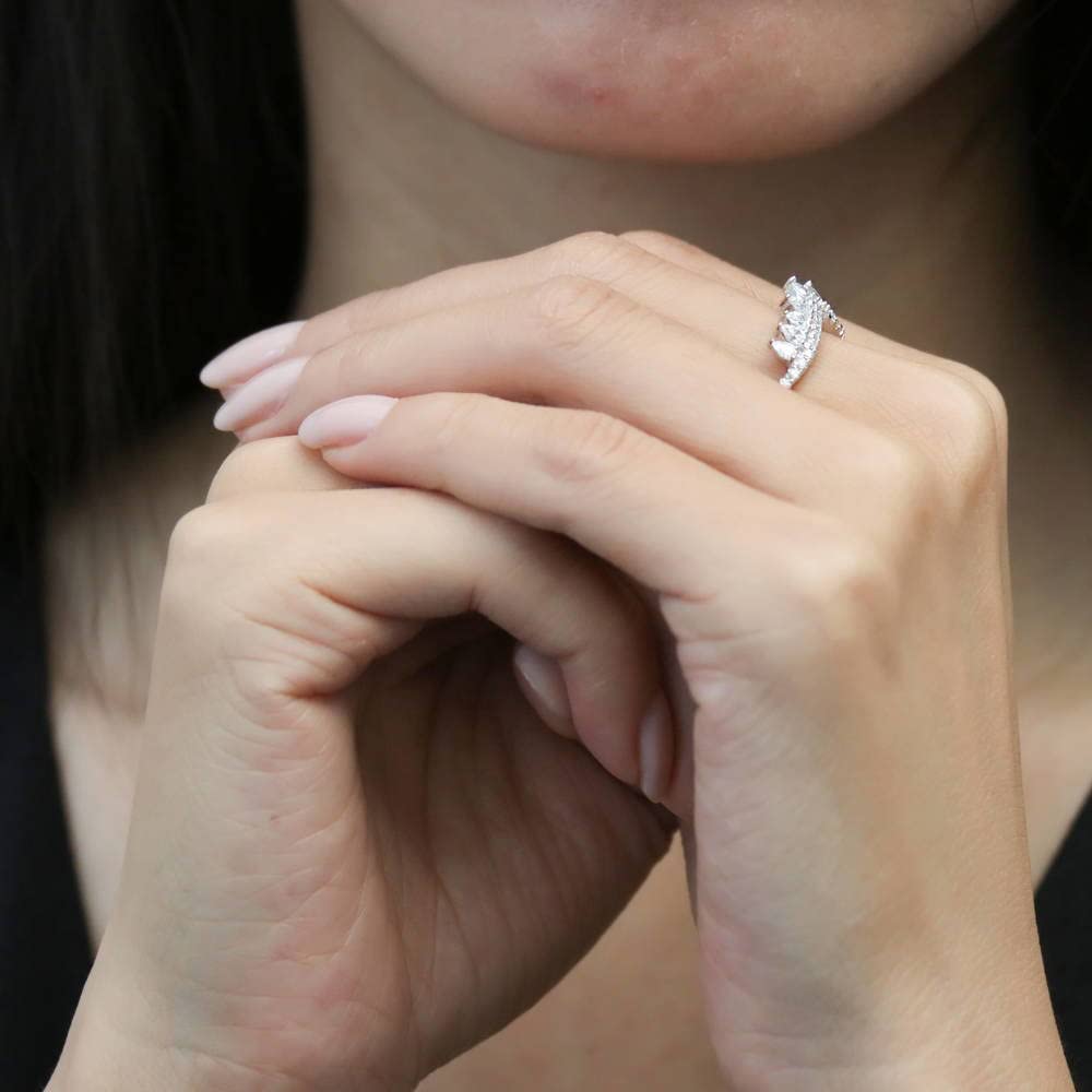 BERRICLE Sterling Silver Wishbone Wedding Rings Cubic Zirconia CZ Crown Anniversary Curved Half Eternity Ring for Women, Rhodium Plated Size 6.5
