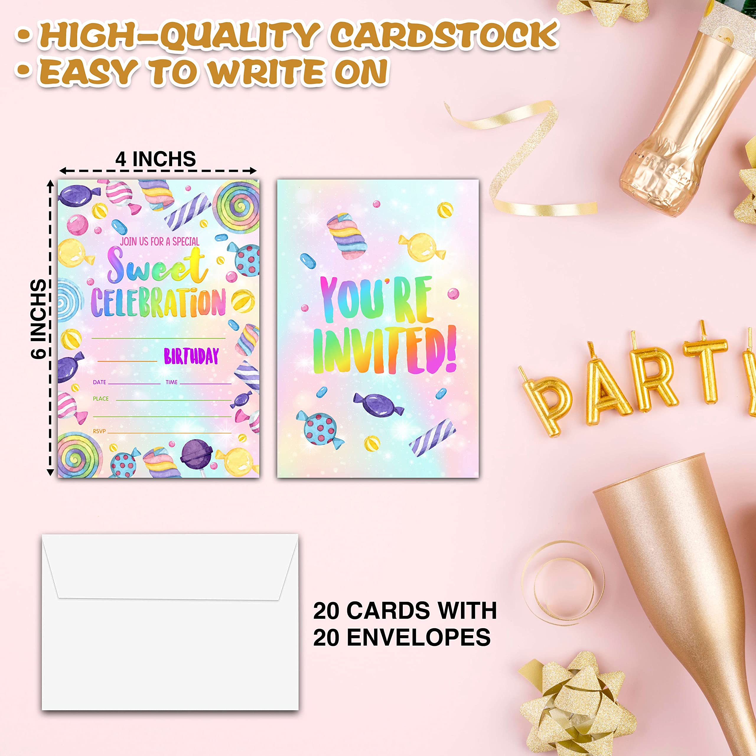 Chuxvon Sweet Celebration Birthday Party Invitations, Sweet Candy Birthday Invitation, Double-Sided Rainbow Tie Dye Fill In Invites, Kids Birthday Party Decorations, 20 Cards With 20 Envelopes(C11)