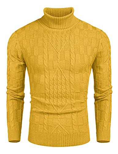 COOFANDY Men's Slim Fit Turtleneck Sweater Casual Cable Knit Pullover Sweaters Yellow