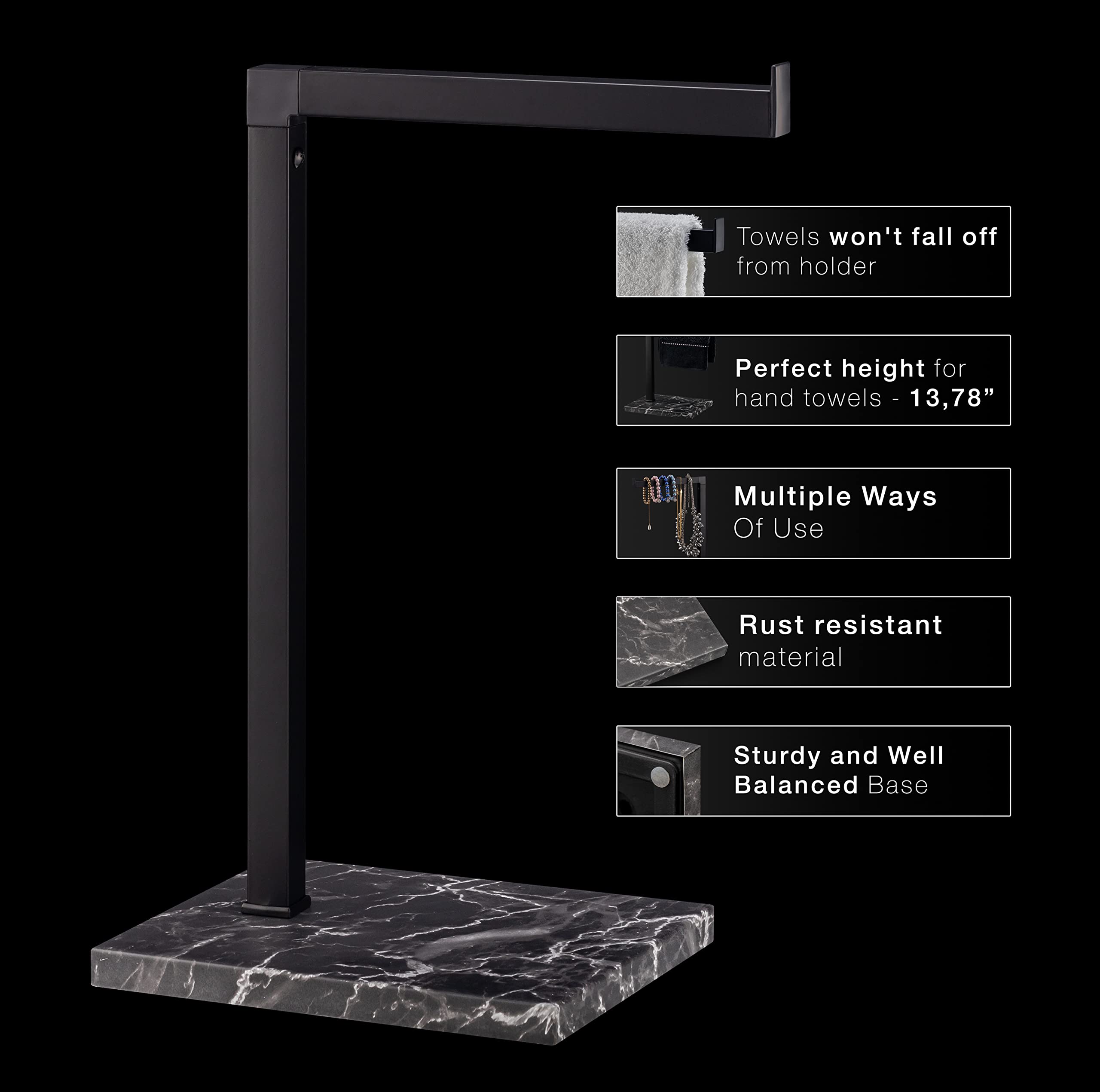 Debodda Modern Hand Towel Stand for Bathroom, Kitchen or Vanity, Height 13.78”, Free Standing Countertop Rack with Marble Balanced Base, Perfect Hand Towel Holder, Dual Washcloth Display, Black Marble