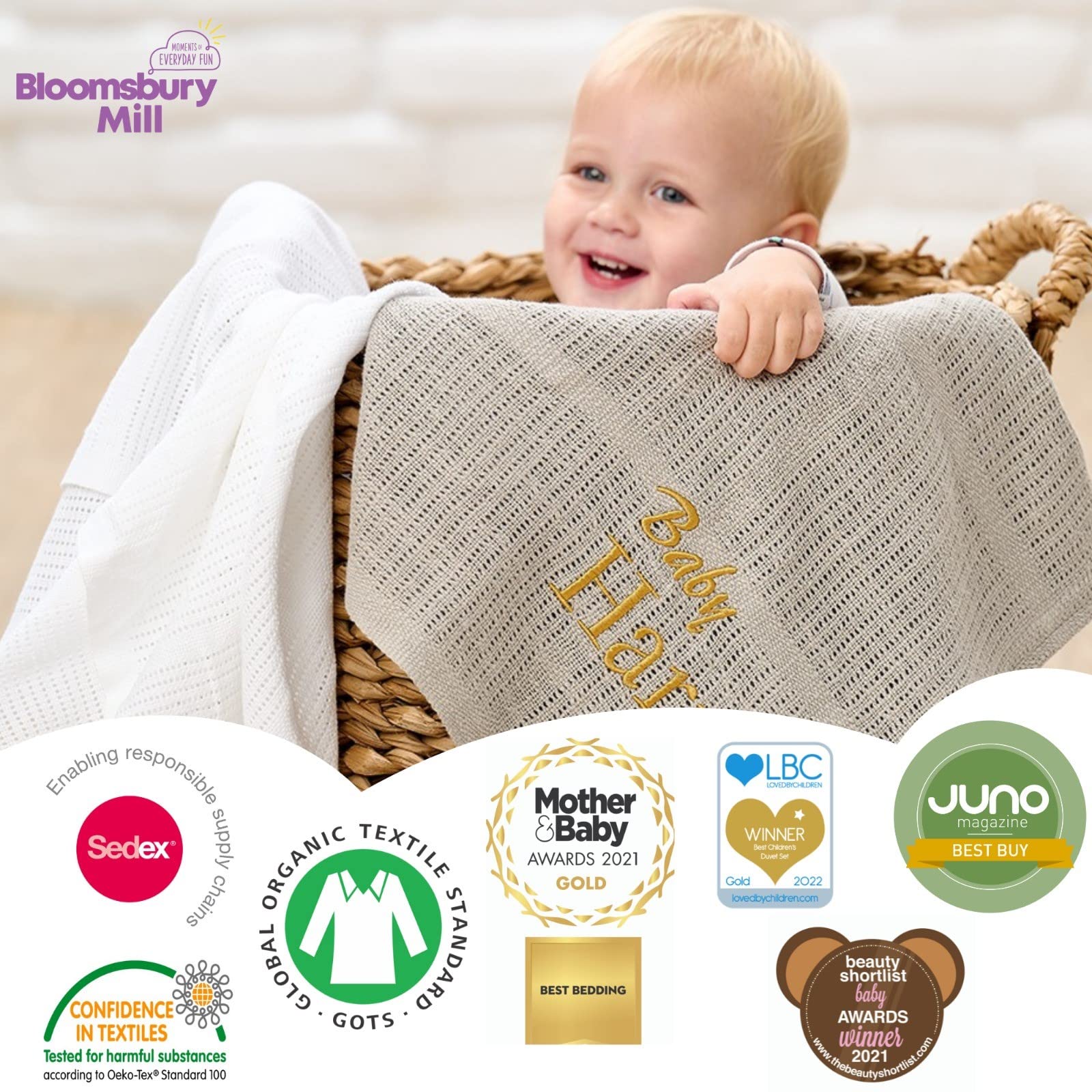 Bloomsbury Mill - 2-Pack 100% Organic Cotton Cellular Baby Blankets with Gifting Ribbon β Soft, All Natural & Breathable β Ideal Shower Gift - Nursery/Stroller/Bassinet/Crib β Gray