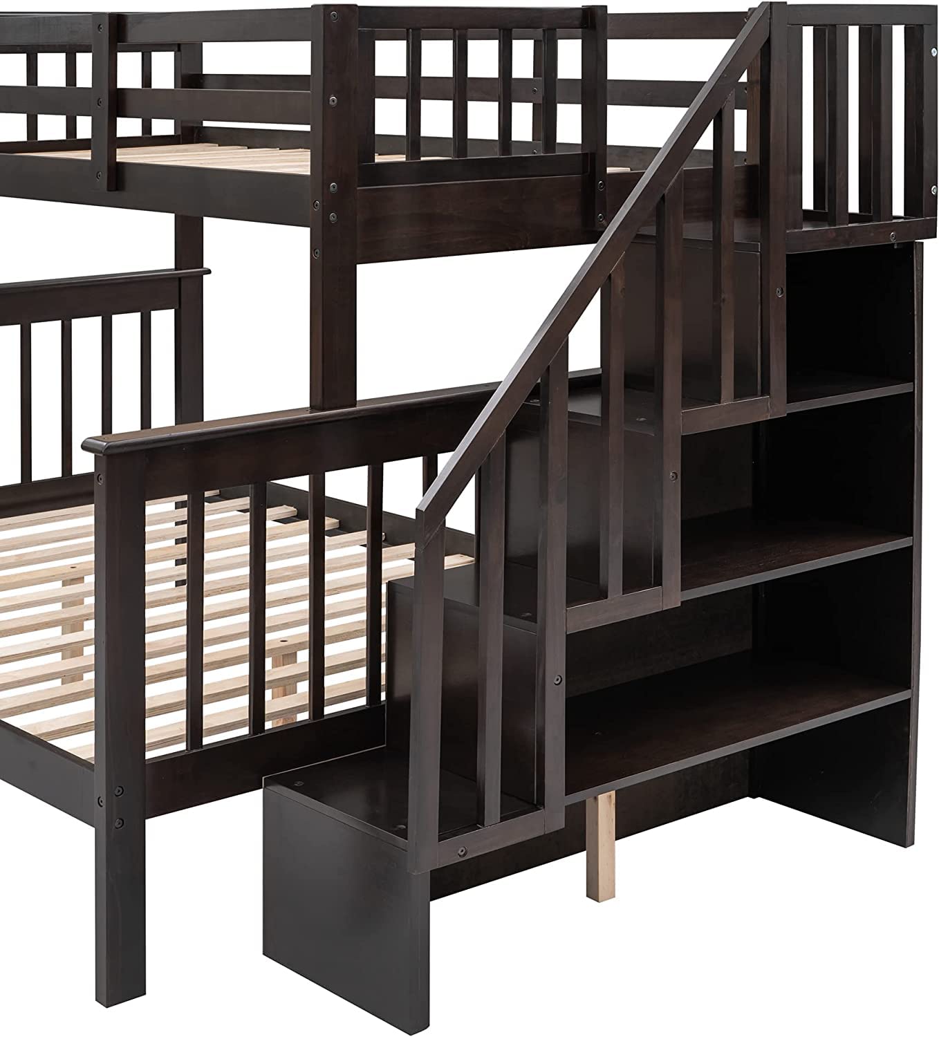 CITYLIGHT Bunk Beds Twin Over Full Size with Stairs, Wooden Bunk Beds with Storage Open Shelves, Stairway Bunk Bed Convertible to 2 Separated Beds,Kids Bunk Beds for Bedroom, Dorm,Espresso