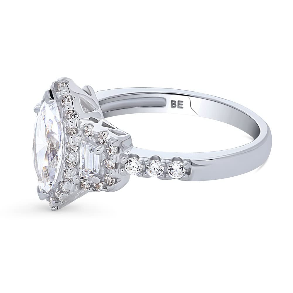 BERRICLE Sterling Silver 3-Stone Wedding Engagement Rings Marquise Cut Cubic Zirconia CZ Halo Ring for Women, Rhodium Plated Size 8