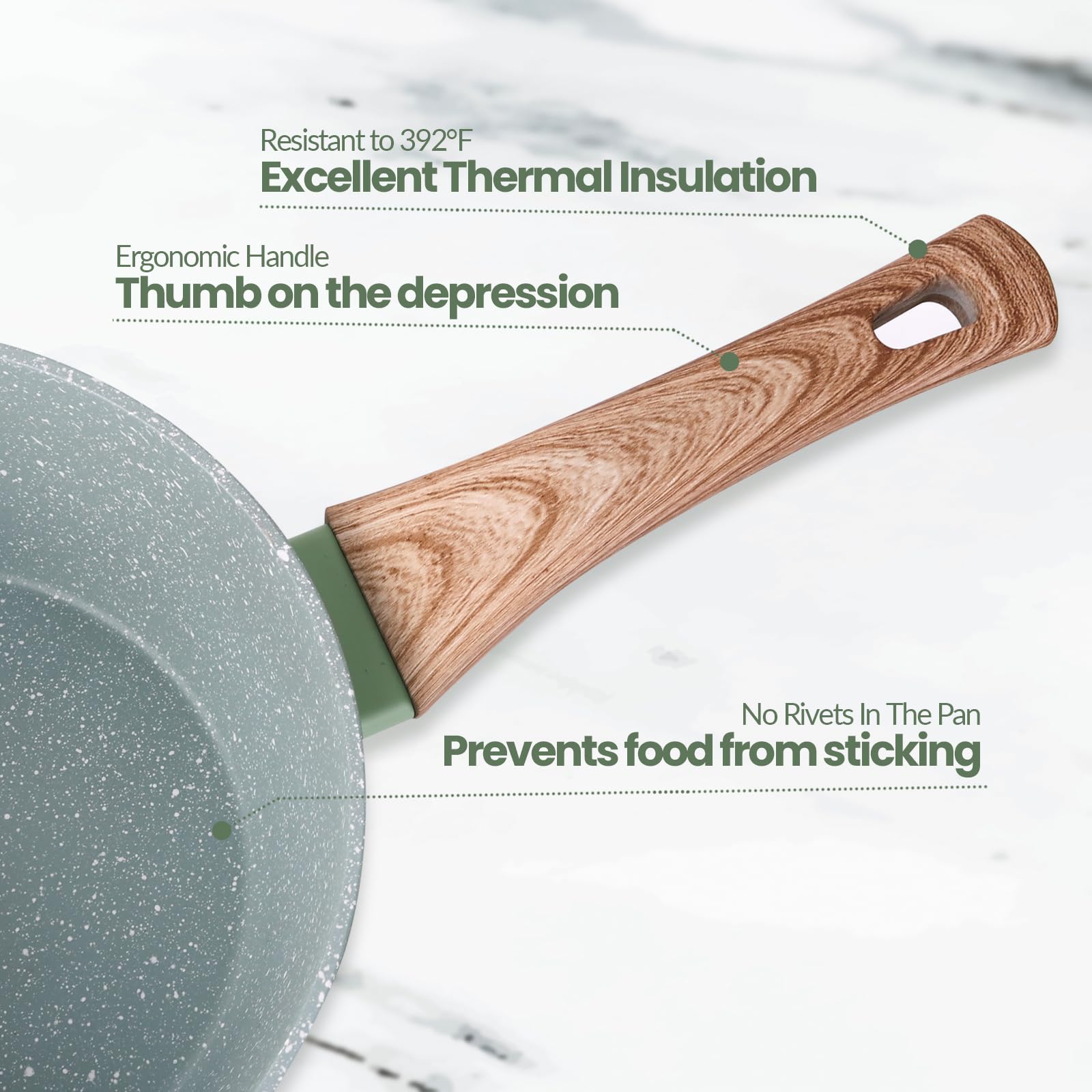 INNERWELL Nonstick Sauce Pan with lid, 2.5QT,Small Saucepan with Steamer, Wooden cooling handle,Induction Compatible, PFOA/PFAS free,(Green)