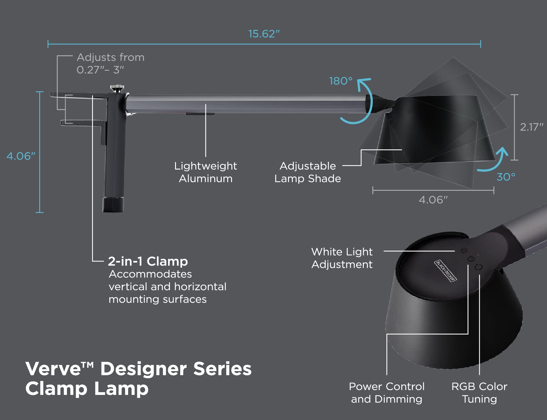 BLACK+DECKER Verve Designer LED Clamp Light, Fits Shelves, Cubicles & Headboards, True White LED + 16M RGB Colors