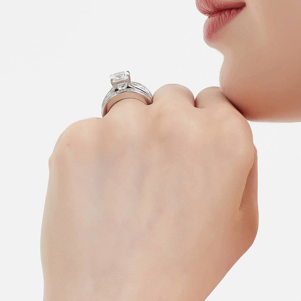 BERRICLE Sterling Silver Solitaire Wedding Engagement Rings 3 Carat Cushion Cut Cubic Zirconia CZ Ring Set for Women, Rhodium Plated Size 7