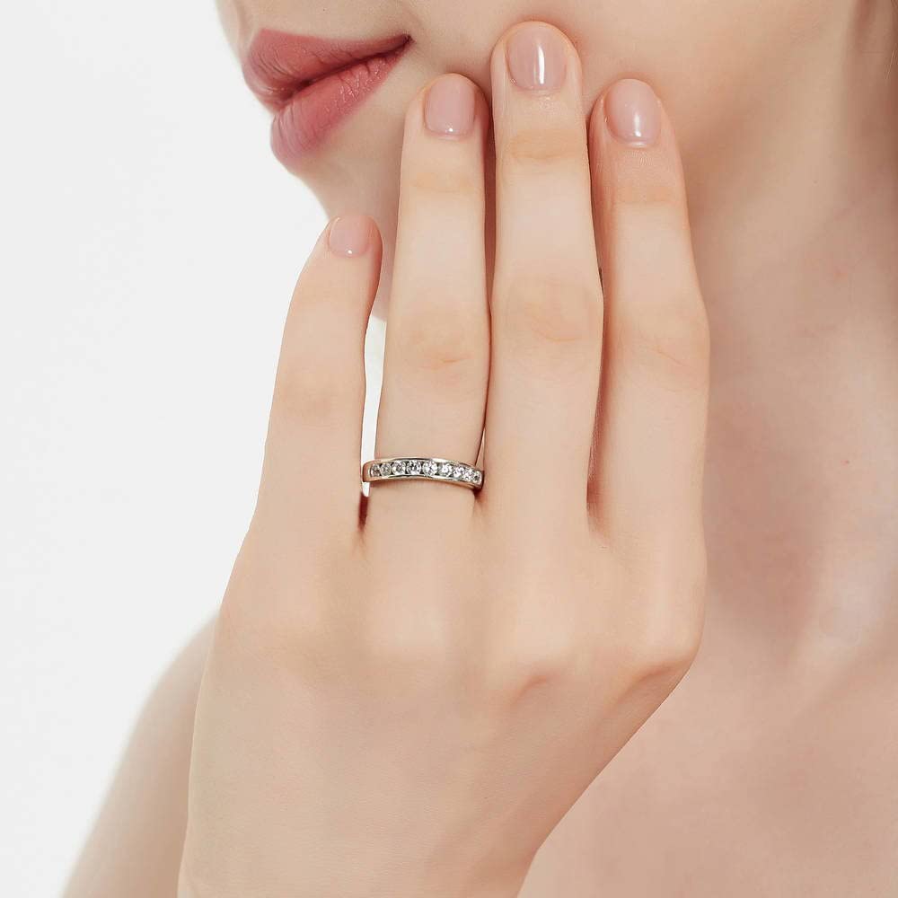BERRICLE Sterling Silver Wedding Rings Channel Set Cubic Zirconia CZ Anniversary Curved Half Eternity Ring for Women, Rhodium Plated Size 6