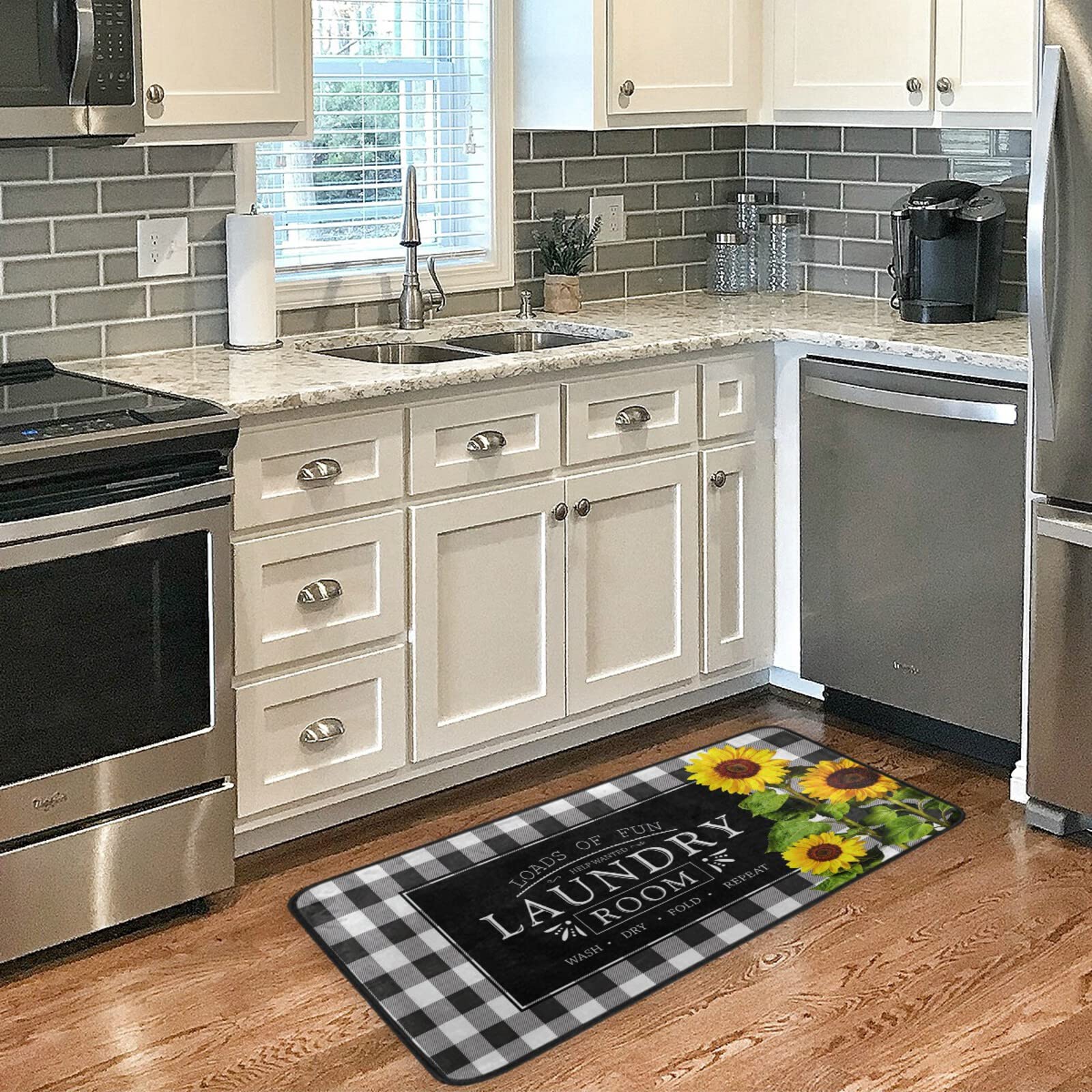 Black White Buffalo Plaid Laundry Room Rugs Sunflower Non Slip Laundry Mats Farmhouse Kitchen Floor Mat Bathroom Laundry Room Decor Accessories 39" X 20"