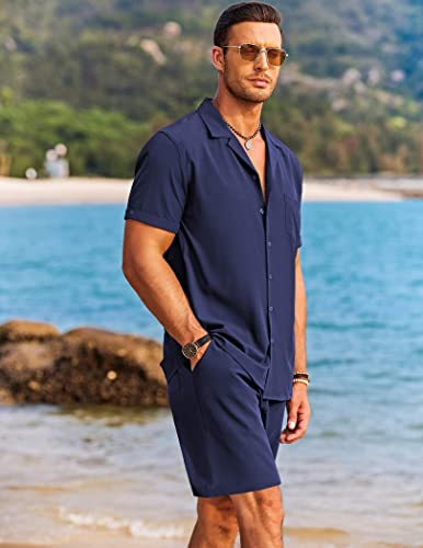 COOFANDY Men's 2 Pieces Shirt Set Short Sleeve Button Down Casual Hippie Holiday Beach T-Shirts Shorts Outfits (Navy Blue, Large)