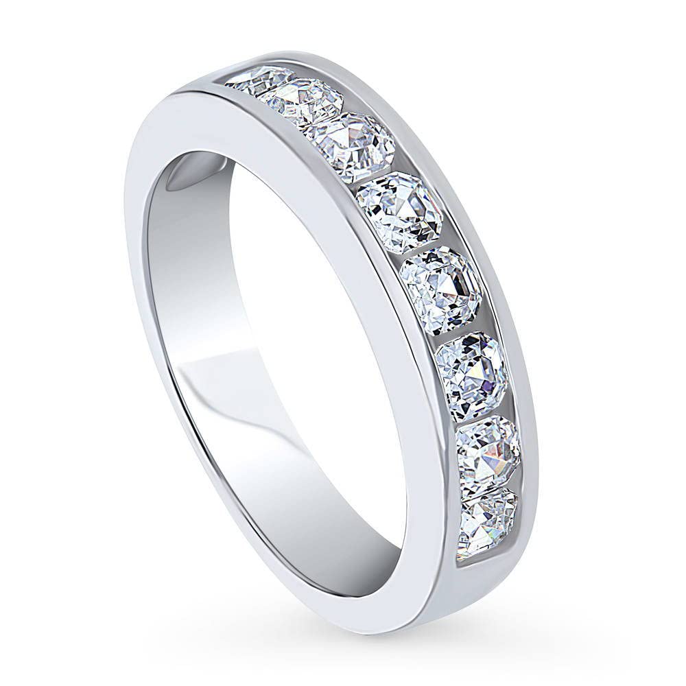 BERRICLE Sterling Silver Wedding Rings Channel Set Asscher Cut Cubic Zirconia CZ Anniversary Half Eternity Ring for Women, Rhodium Plated Size 7