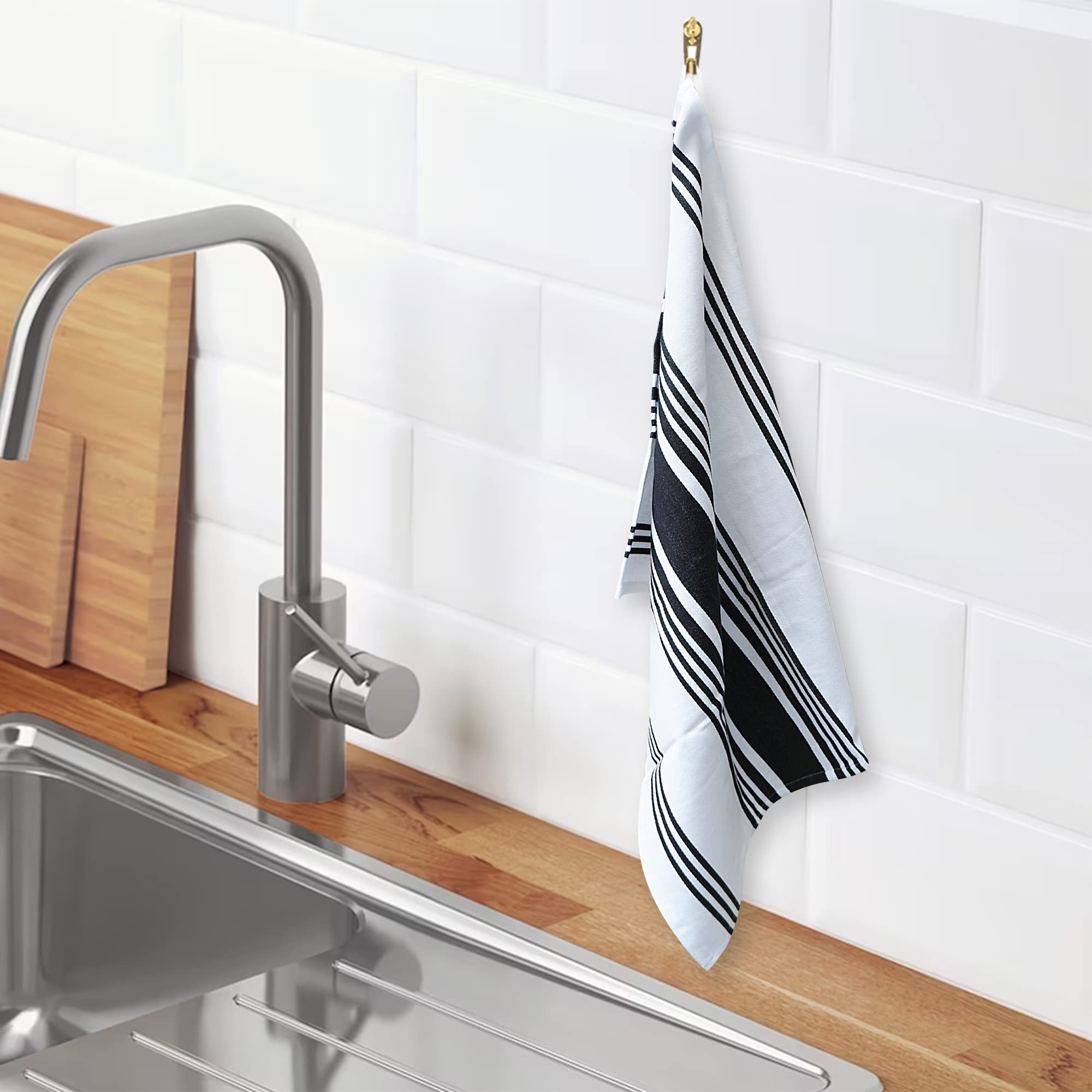 Black White Set of 4 Kitchen Dish Towels 20X30 Inch Extra Large Size Highly Absorbent 100% Cotton Hand Towel with Mitered Corners Modern Stripes For Bar & Tea And Household Use With Hanging Loop