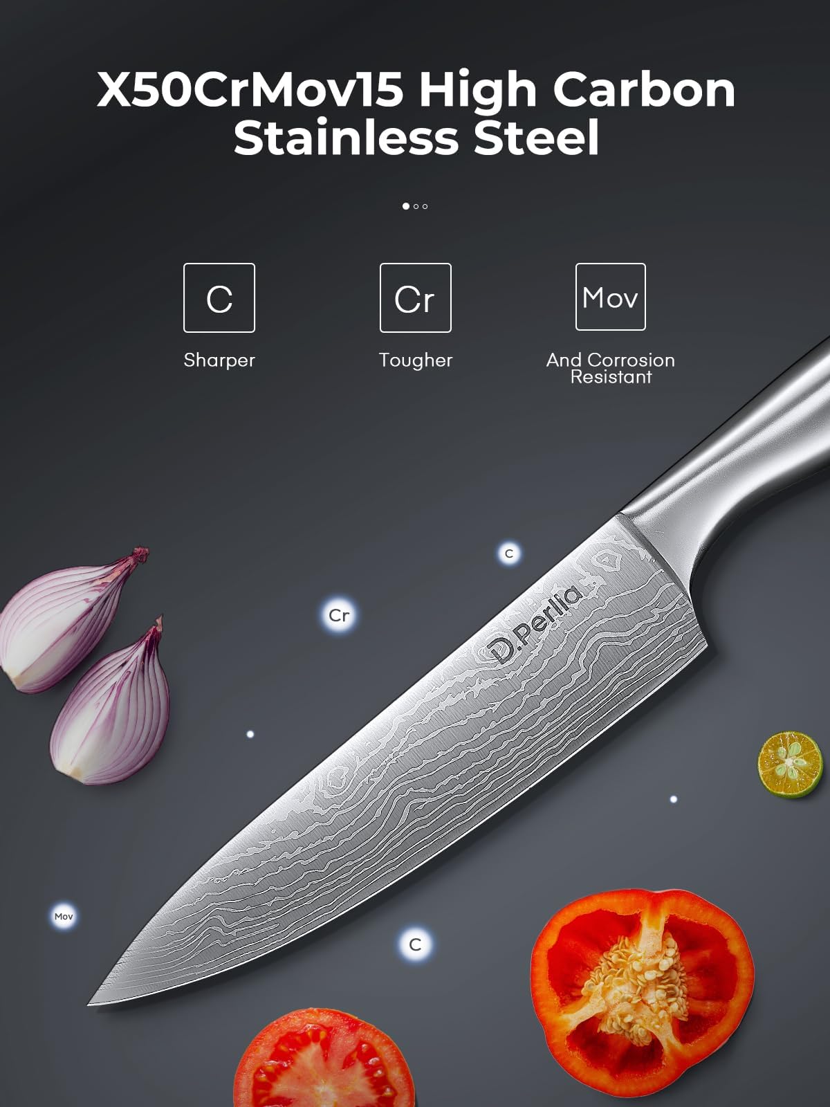 D.Perlla Kitchen Knife Set 15 Pieces, Knife Set with Block and Sharpener, High Grade Stainless Steel Kitchen Knife Set, Steak Knives, Scissors for Chopping, Slicing, Dicing, Sharp and No Rust