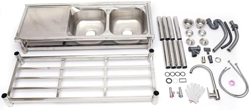 Commercial Restaurant Sink,304 Stainless Steel Utility Sink Kitchen Bowl Sink,with Double Storage Shelves&Drainer Unit Faucet Combo with Strainer (Double Bowl)