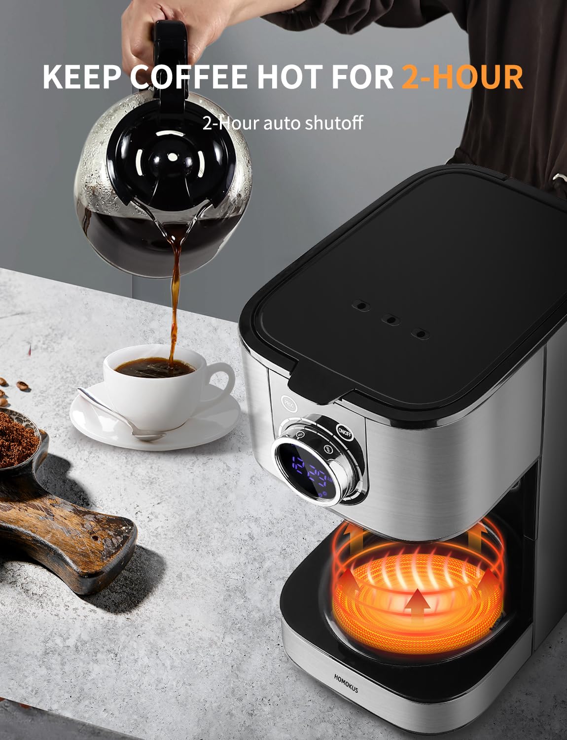Homtone 10 Cup Programmable Coffee Maker, Drip Coffee Maker with LCD Screen, Glass Carafe, Warming Plate, Auto Shut Off, Regular & Strong Brew for Home and Office, Stainless Steel