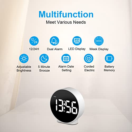 Deeyaple Small Digital Alarm Clock LED Desk Travel Electronic Clock Dual Alarm Snooze Dimmable Day Set 12/24H Week Display 4inch White (No Battery&Adapter)