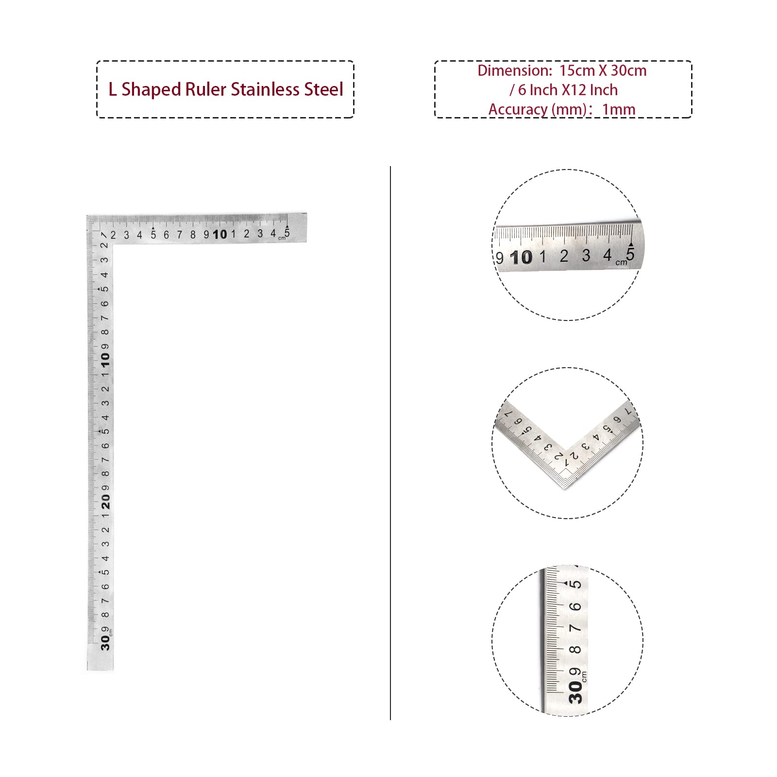 Cheerock L Shaped Ruler 6" x 12" Metal 90 Degree Square Ruler Right Angle Ruler for Carpenter Engineer - 300 x 150mm