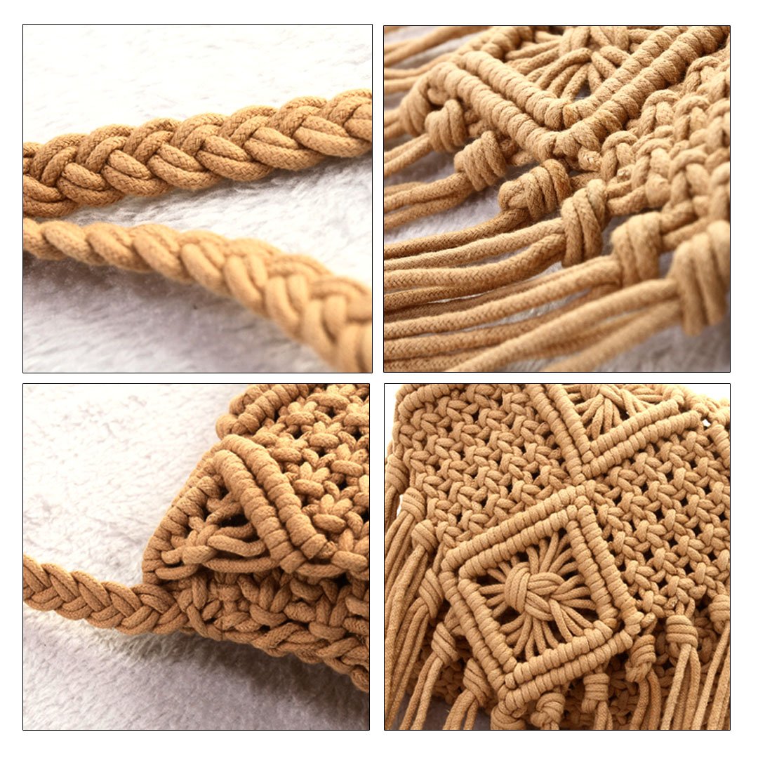 Goclothod Women Crochet Fringed Shoulder Bag Cotton Tassel Crossbody Bag Hippie Beach Purse