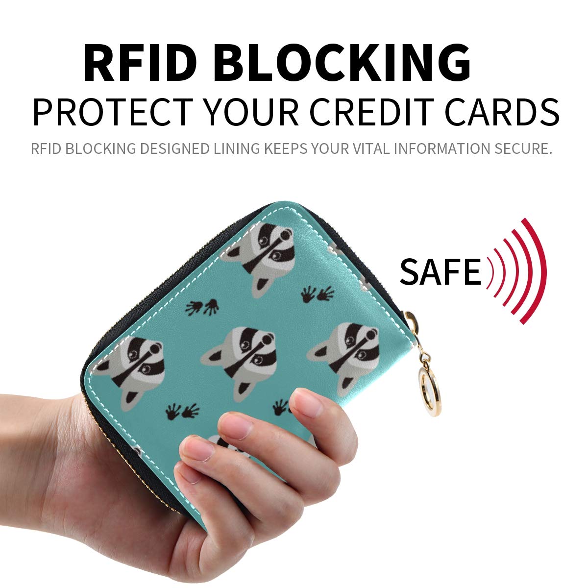 MOYYO RFID Credit Card Holder Case Animal Cute Raccoon Leather Printed Zipper Card Case Wallet for Women Girls