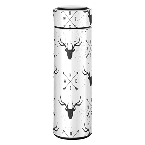 CaTaKu Arrow Deer Head Water Bottle Insulated 16 oz Stainless Steel Flask Thermos Bottle for Coffee Water Drink Reusable Wide Mouth Vacuum Travel Mug