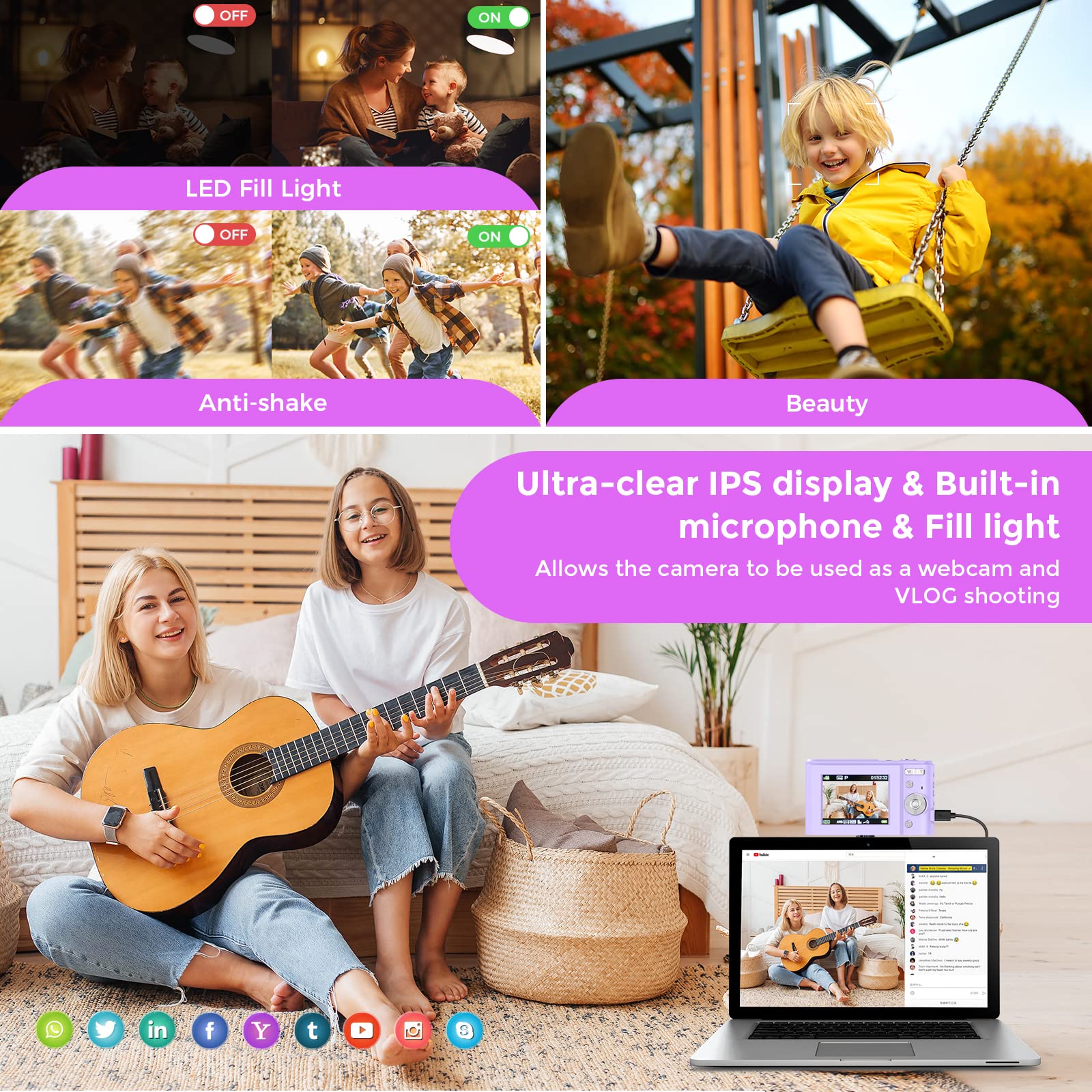 Digital Camera, RUAHETIL FHD 1080P 36MP 2.4 Inch LCD Vlogging Camera for Kids, 16X Zoom 2 Charging Modes Kids Compact Camera Point and Shoot Camera for Kids Teens Students Beginners(Purple)
