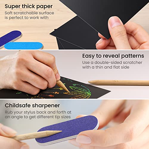 Arteza Scratch Paper, Set of 202 Notes, 3.5 x 3.5 Inches, 200 Rainbow and 2 Gold-Foil Star Backgrounds, Includes 2 Scratchers and 2 Sharpeners, Art Supplies for Craft and DIY Projects