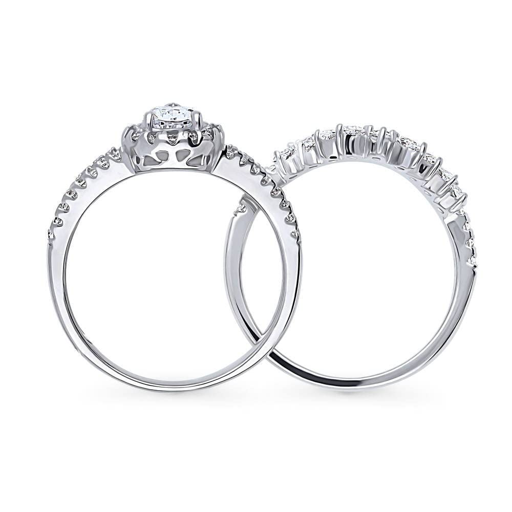 BERRICLE Sterling Silver Halo Wedding Engagement Rings Pear Cut Cubic Zirconia CZ Split Shank Ring Set for Women, Rhodium Plated Size 6