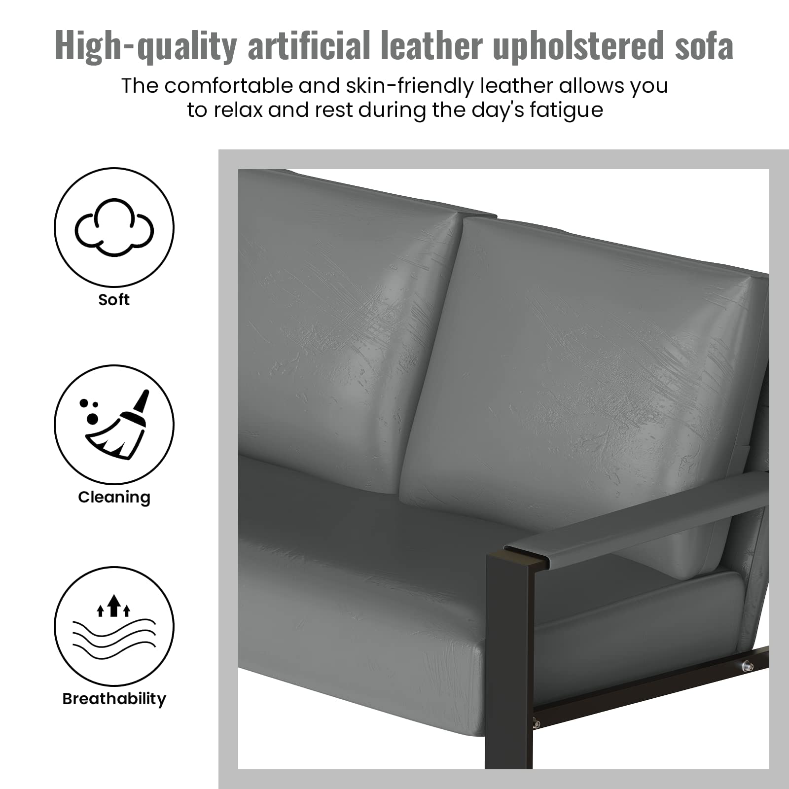 DKLGG Mid-Century Loveseats Sofa Couch, Faux Solid Leather Loveseat Sofa, Upholstered Faux Leather Couch 2-Seat Metal Armchair, Lounge Accent Chair for Living Room, Small Space, Studio, Apartment
