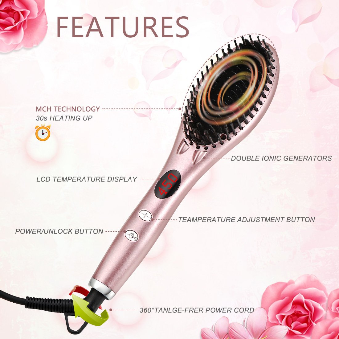 Azakio Hair Straightening Brush,Negative ions Straightener Comb with LED Display and MCH Faster Heating Technology, 450℉/230℃ Adjustable Temp & Digital Display, Auto-Off Design,Anti Static and Silky