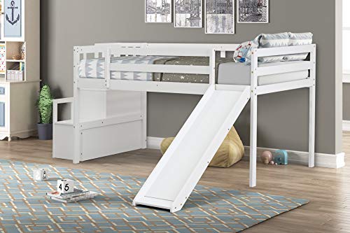 DEYOBED Low Loft Bed with Stairs and Slide - Wood Twin Bed Frame for Kids - Ideal for Boys and Girls - White