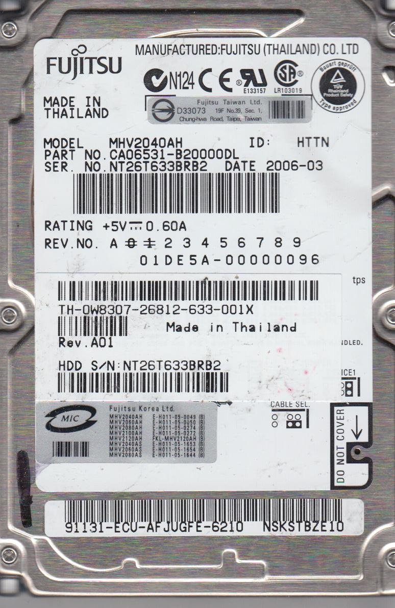 MHV2040AH, PN CA06531-B20000DL, Fujitsu 40GB IDE 2.5 Hard Drive