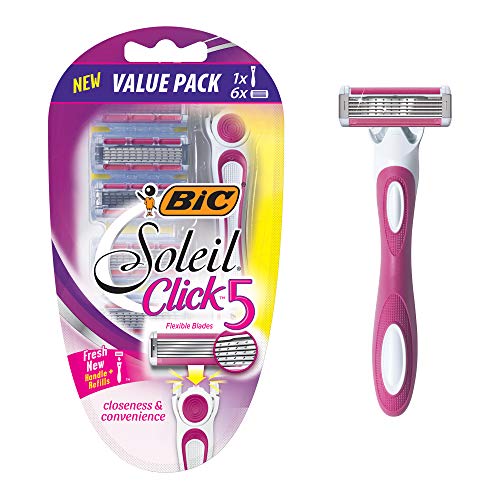 BIC Click 5 Soleil Women's Disposable Razors, 5 Blades With a Moisture Strip For a Smoother Shave, 1 Handle and 6 Cartridges, 7 Piece Razor Set
