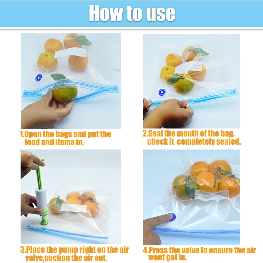 Daarcin 3 Size 40pcs Sous Vide Bags BPA Free Reusable Vacuum Sealer Bags Kit Keep Food Flesh with 1 Vacuum Hand Pump and 2 Sealing Clips