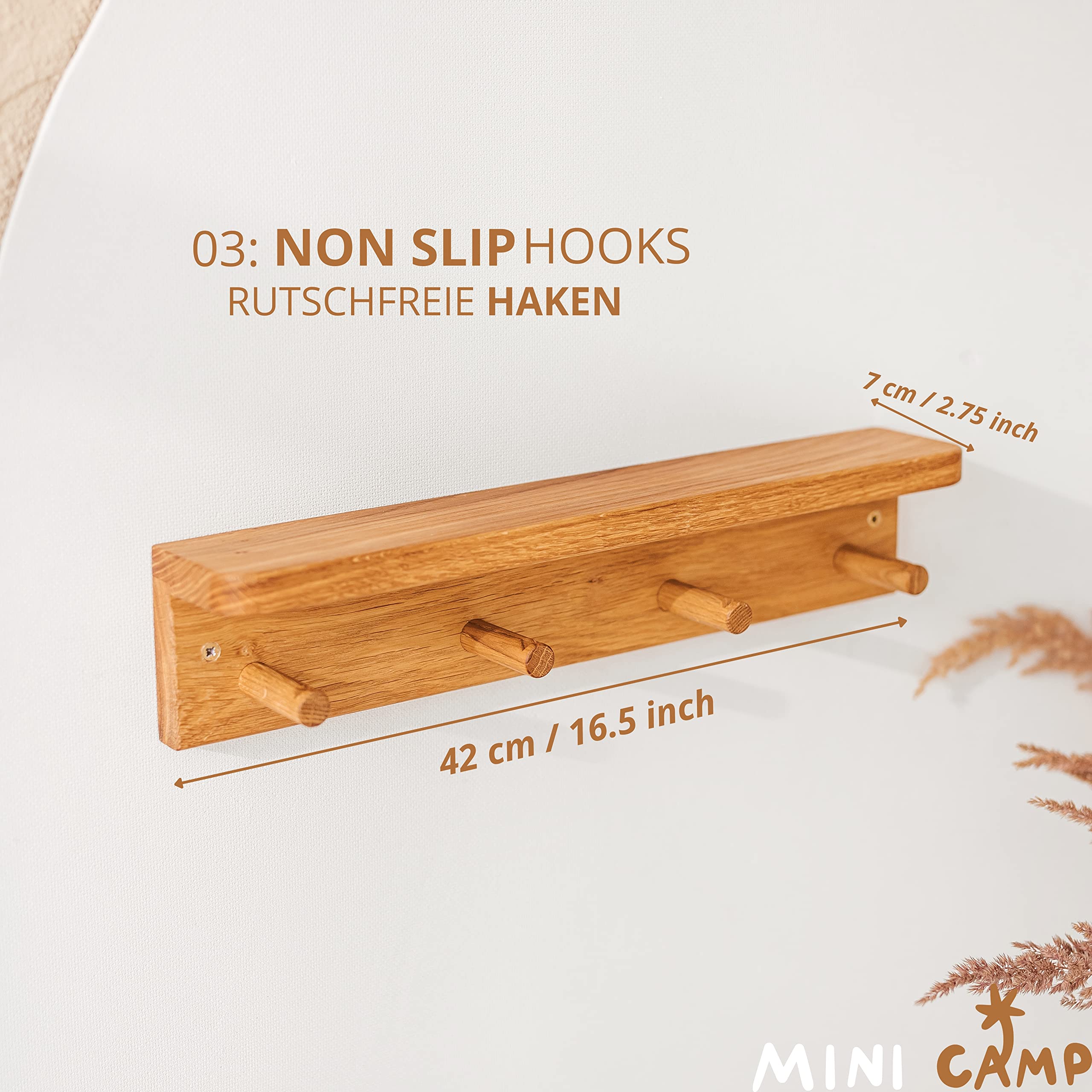 MINICAMP Coat Rack Shelf Wall Mounted - Solid Oak Coat Hooks for Door with 4 Pegs and Shelf - Wooden Peg Rail Kids Storage - Floating Handmade Baby Nursery Products - Scandi Decor