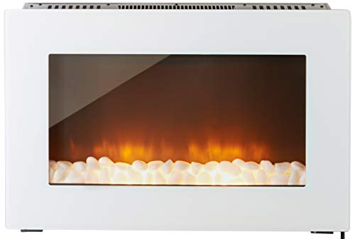 Cambridge Callisto 30 Inch Wall Mounted Flat Panel Electric Fireplace Heater with Remote Control, Realistic Flames, and Crystal Rock Display for Living Room, Bedroom, Home Office, White