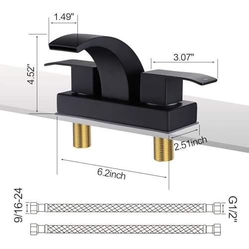 BANGPU 4 Inch Centerset Sink Faucet 3 Hole Centerset Sink Faucet 2 Handle Bathroom Basin Faucet Waterfall Lavatory Vanity Faucet 4 Inch with Pop Up Drain, Matte Black