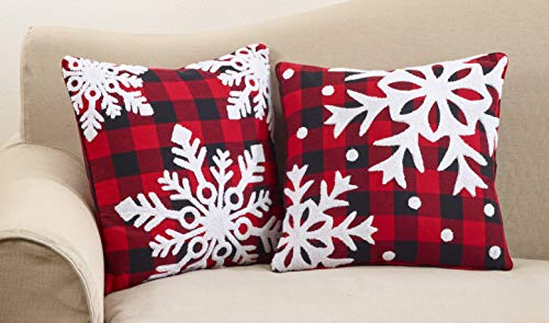 SARO LIFESTYLE La Neige Collection 100% Cotton Buffalo Plaid Snowflake Pillow with Down Filling, 18"