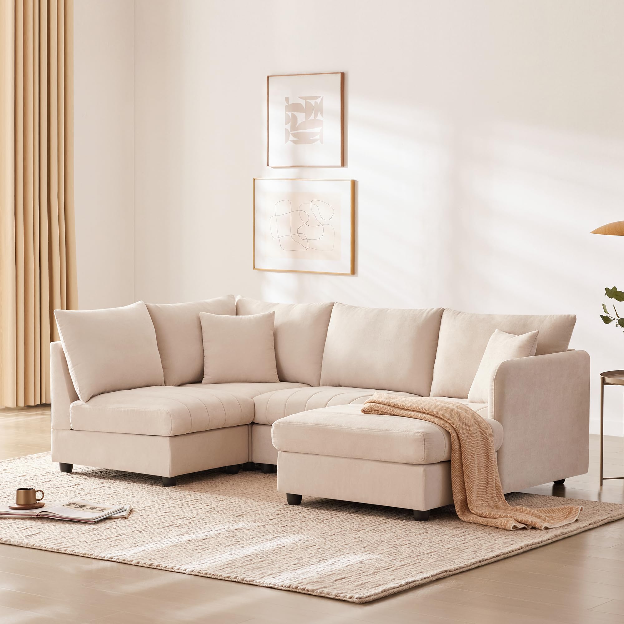 BOSTANA Convertible Sectional Sofa Couch,2 Pillows,5-Seat Couch with Convertible Ottoman,Various Combinations,L-Shape Indoor Furniture for Living Room,Apartment,Office(Beige)
